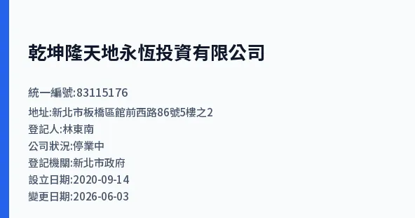 乾坤隆天地永恆投資有限公司的照片-統編 83115176(新北市) 公司登記資料與營業項目詳細圖表