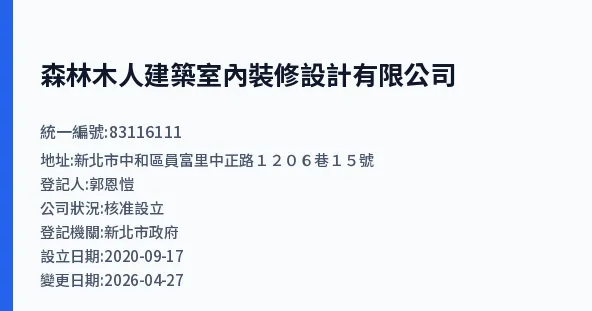 森林木人建築室內裝修設計有限公司的照片-統編 83116111(新北市) 公司登記資料與營業項目詳細圖表