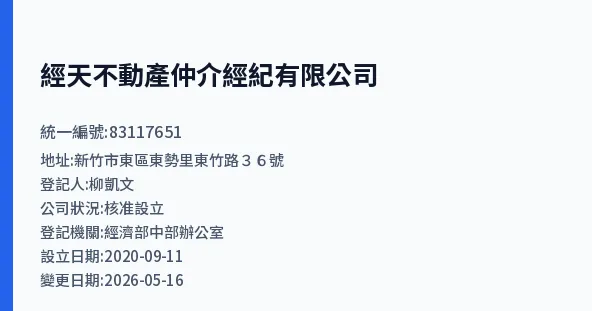 經天不動產仲介經紀有限公司的照片-統編 83117651(新竹市) 公司登記資料與營業項目詳細圖表
