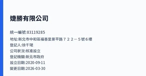 婕勝有限公司的照片-統編 83119285(新北市) 公司登記資料與營業項目詳細圖表