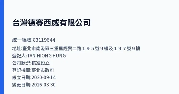 台灣德賽西威有限公司的照片-統編 83119644(臺北市) 公司登記資料與營業項目詳細圖表