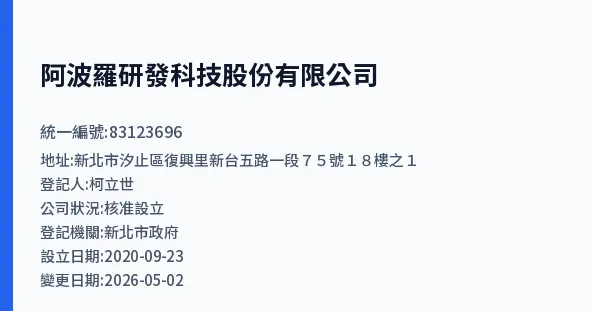 阿波羅研發科技股份有限公司的照片-統編 83123696(新北市) 公司登記資料與營業項目詳細圖表