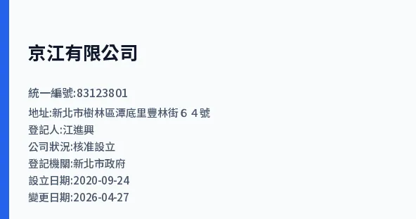 京江有限公司的照片-統編 83123801(新北市) 公司登記資料與營業項目詳細圖表
