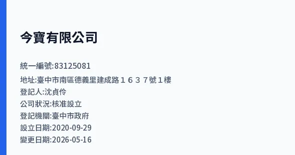 今寶有限公司的照片-統編 83125081(臺中市) 公司登記資料與營業項目詳細圖表
