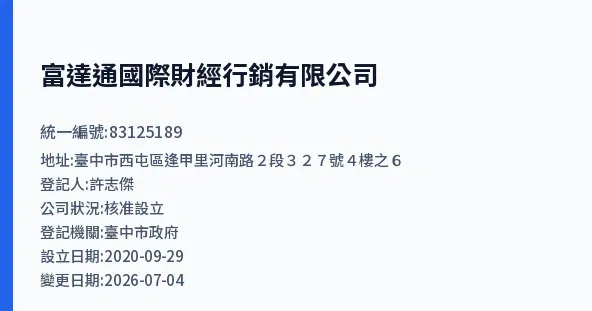 富達通國際財經行銷有限公司的照片-統編 83125189(臺中市) 公司登記資料與營業項目詳細圖表