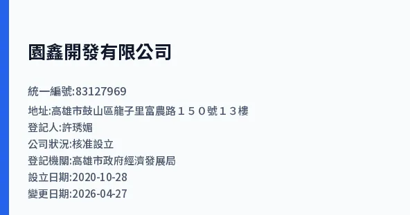 園鑫開發有限公司的照片-統編 83127969(高雄市) 公司登記資料與營業項目詳細圖表