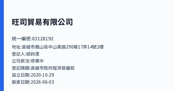 旺司貿易有限公司的照片-統編 83128192(高雄市) 公司登記資料與營業項目詳細圖表