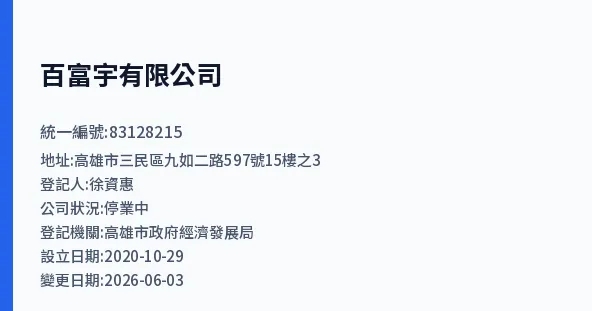 百富宇有限公司的照片-統編 83128215(高雄市) 公司登記資料與營業項目詳細圖表
