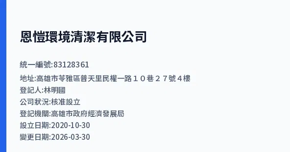 恩愷環境清潔有限公司的照片-統編 83128361(高雄市) 公司登記資料與營業項目詳細圖表