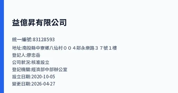 益億昇有限公司的照片-統編 83128593(南投縣) 公司登記資料與營業項目詳細圖表