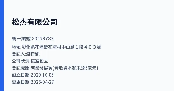 松杰有限公司的照片-統編 83128783(彰化縣) 公司登記資料與營業項目詳細圖表