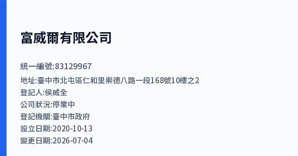 富威爾有限公司的照片-統編 83129967(臺中市) 公司登記資料與營業項目詳細圖表