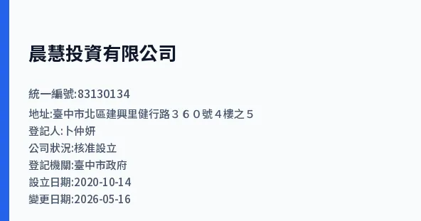 晨慧投資有限公司的照片-統編 83130134(臺中市) 公司登記資料與營業項目詳細圖表