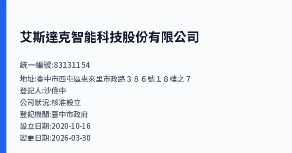 艾斯達克智能科技股份有限公司的照片-統編 83131154(臺中市) 公司登記資料與營業項目詳細圖表