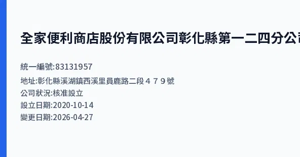 全家便利商店股份有限公司彰化縣第一二四分公司的照片-統編 83131957(彰化縣) 公司登記資料與營業項目詳細圖表