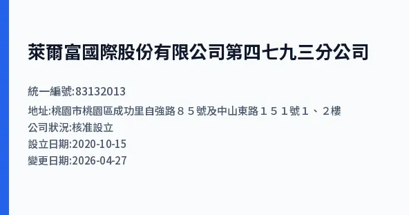 萊爾富國際股份有限公司第四七九三分公司的照片-統編 83132013(桃園市) 公司登記資料與營業項目詳細圖表