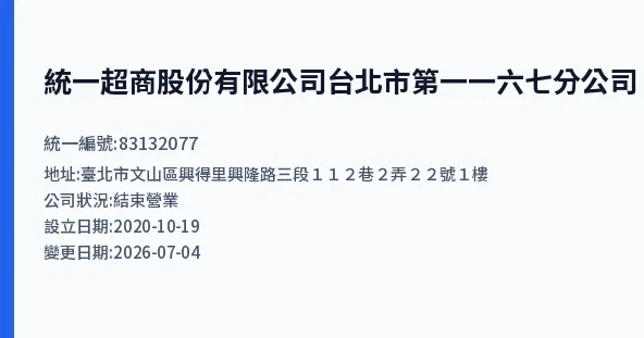 統一超商股份有限公司台北市第一一六七分公司的照片-統編 83132077(臺北市) 公司登記資料與營業項目詳細圖表