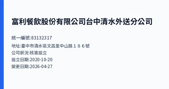 富利餐飲股份有限公司台中清水外送分公司的照片-統編 83132317(臺中市) 公司登記資料與營業項目詳細圖表