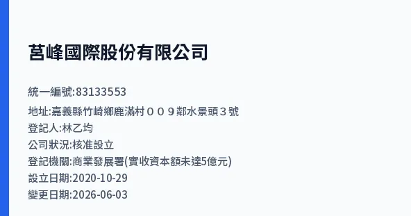 莒峰國際股份有限公司的照片-統編 83133553(嘉義縣) 公司登記資料與營業項目詳細圖表