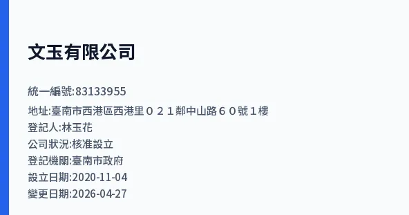 文玉有限公司的照片-統編 83133955(臺南市) 公司登記資料與營業項目詳細圖表