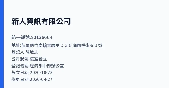 新人資訊有限公司的照片-統編 83136664(苗栗縣) 公司登記資料與營業項目詳細圖表