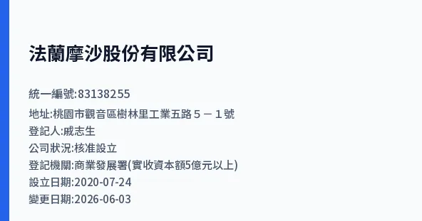 法蘭摩沙股份有限公司的照片-統編 83138255(桃園市) 公司登記資料與營業項目詳細圖表