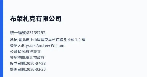 布萊札克有限公司的照片-統編 83139297(臺北市) 公司登記資料與營業項目詳細圖表