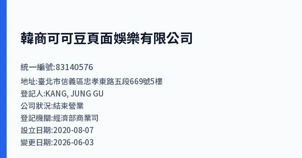 韓商可可豆頁面娛樂有限公司的照片-統編 83140576(臺北市) 公司登記資料與營業項目詳細圖表