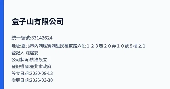 盒子山有限公司的照片-統編 83142624(臺北市) 公司登記資料與營業項目詳細圖表