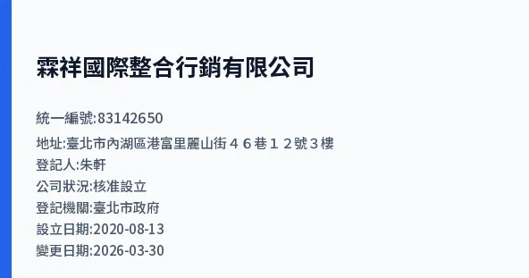 霖祥國際整合行銷有限公司的照片-統編 83142650(臺北市) 公司登記資料與營業項目詳細圖表