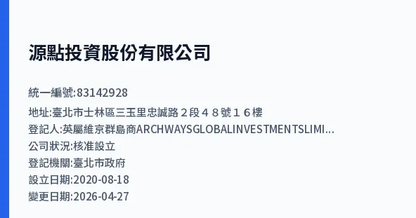 源點投資股份有限公司的照片-統編 83142928(臺北市) 公司登記資料與營業項目詳細圖表