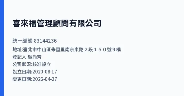 喜來福管理顧問有限公司的照片-統編 83144236(臺北市) 公司登記資料與營業項目詳細圖表