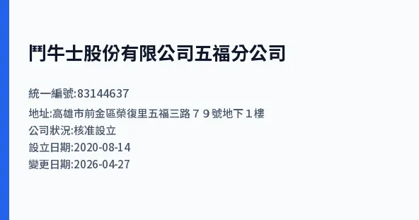 鬥牛士股份有限公司五福分公司的照片-統編 83144637(高雄市) 公司登記資料與營業項目詳細圖表