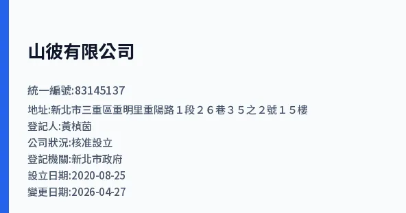 山彼有限公司的照片-統編 83145137(新北市) 公司登記資料與營業項目詳細圖表