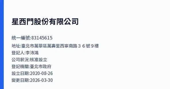 星西門股份有限公司的照片-統編 83145615(臺北市) 公司登記資料與營業項目詳細圖表