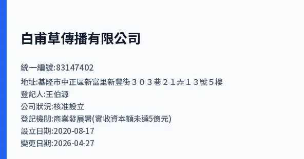 白甫草傳播有限公司的照片-統編 83147402(基隆市) 公司登記資料與營業項目詳細圖表