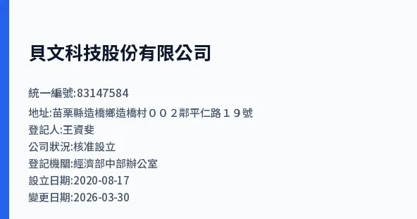 貝文科技股份有限公司的照片-統編 83147584(苗栗縣) 公司登記資料與營業項目詳細圖表