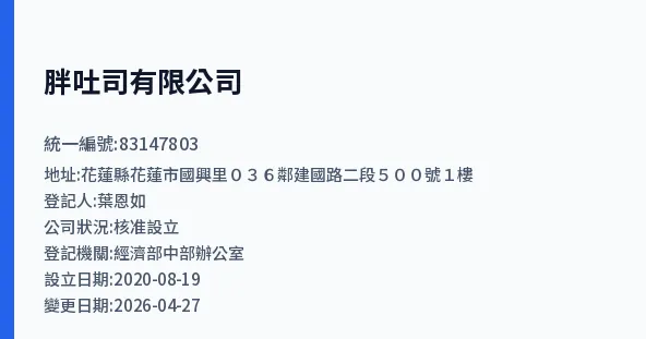 胖吐司有限公司的照片-統編 83147803(花蓮縣) 公司登記資料與營業項目詳細圖表