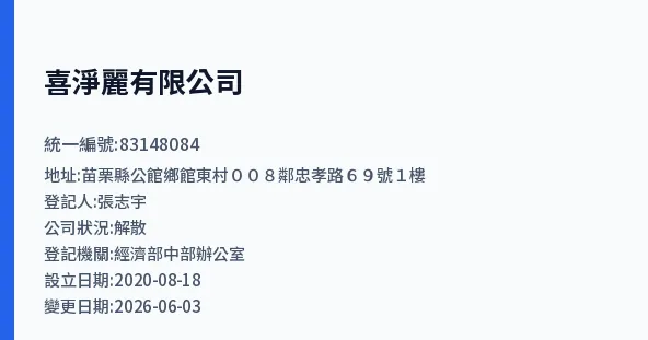 喜淨麗有限公司的照片-統編 83148084(苗栗縣) 公司登記資料與營業項目詳細圖表