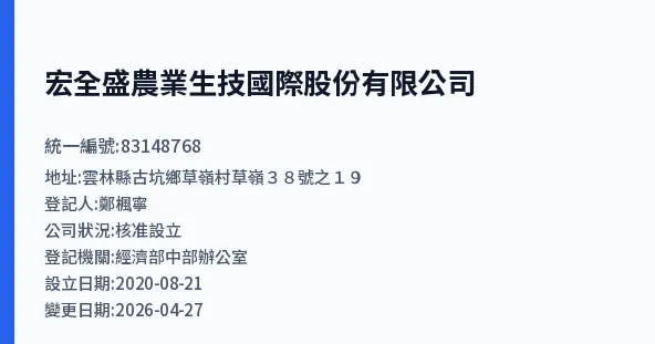 宏全盛農業生技國際股份有限公司的照片-統編 83148768(雲林縣) 公司登記資料與營業項目詳細圖表