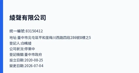 綾聲有限公司的照片-統編 83150412(臺中市) 公司登記資料與營業項目詳細圖表