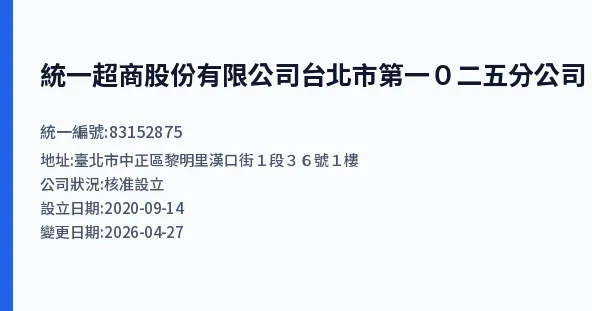 統一超商股份有限公司台北市第一0二五分公司的照片-統編 83152875(臺北市) 公司登記資料與營業項目詳細圖表