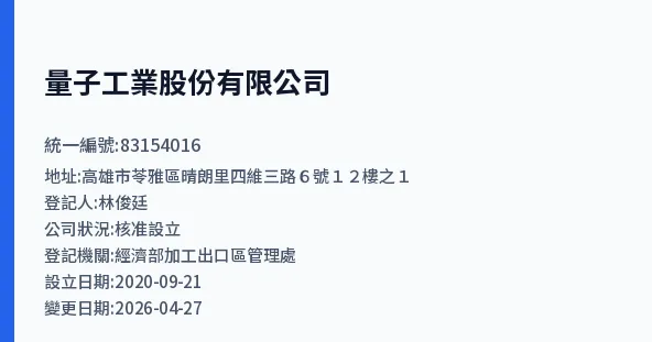 量子工業股份有限公司的照片-統編 83154016(高雄市) 公司登記資料與營業項目詳細圖表