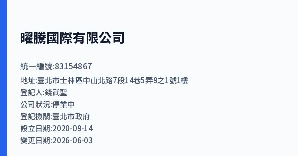 曜騰國際有限公司的照片-統編 83154867(臺北市) 公司登記資料與營業項目詳細圖表