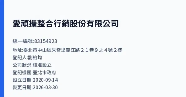 愛頑攝整合行銷股份有限公司的照片-統編 83154923(臺北市) 公司登記資料與營業項目詳細圖表
