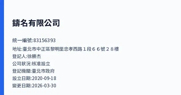 鑄名有限公司的照片-統編 83156393(臺北市) 公司登記資料與營業項目詳細圖表