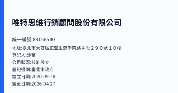 唯特思維行銷顧問股份有限公司的照片-統編 83156540(臺北市) 公司登記資料與營業項目詳細圖表
