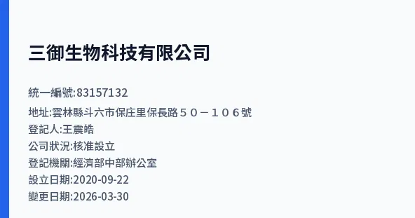 三御生物科技有限公司的照片-統編 83157132(雲林縣) 公司登記資料與營業項目詳細圖表