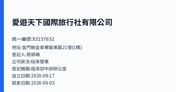 愛遊天下國際旅行社有限公司的照片-統編 83157652(金門縣) 公司登記資料與營業項目詳細圖表