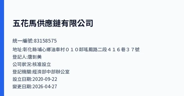 五花馬供應鏈有限公司的照片-統編 83158575(彰化縣) 公司登記資料與營業項目詳細圖表